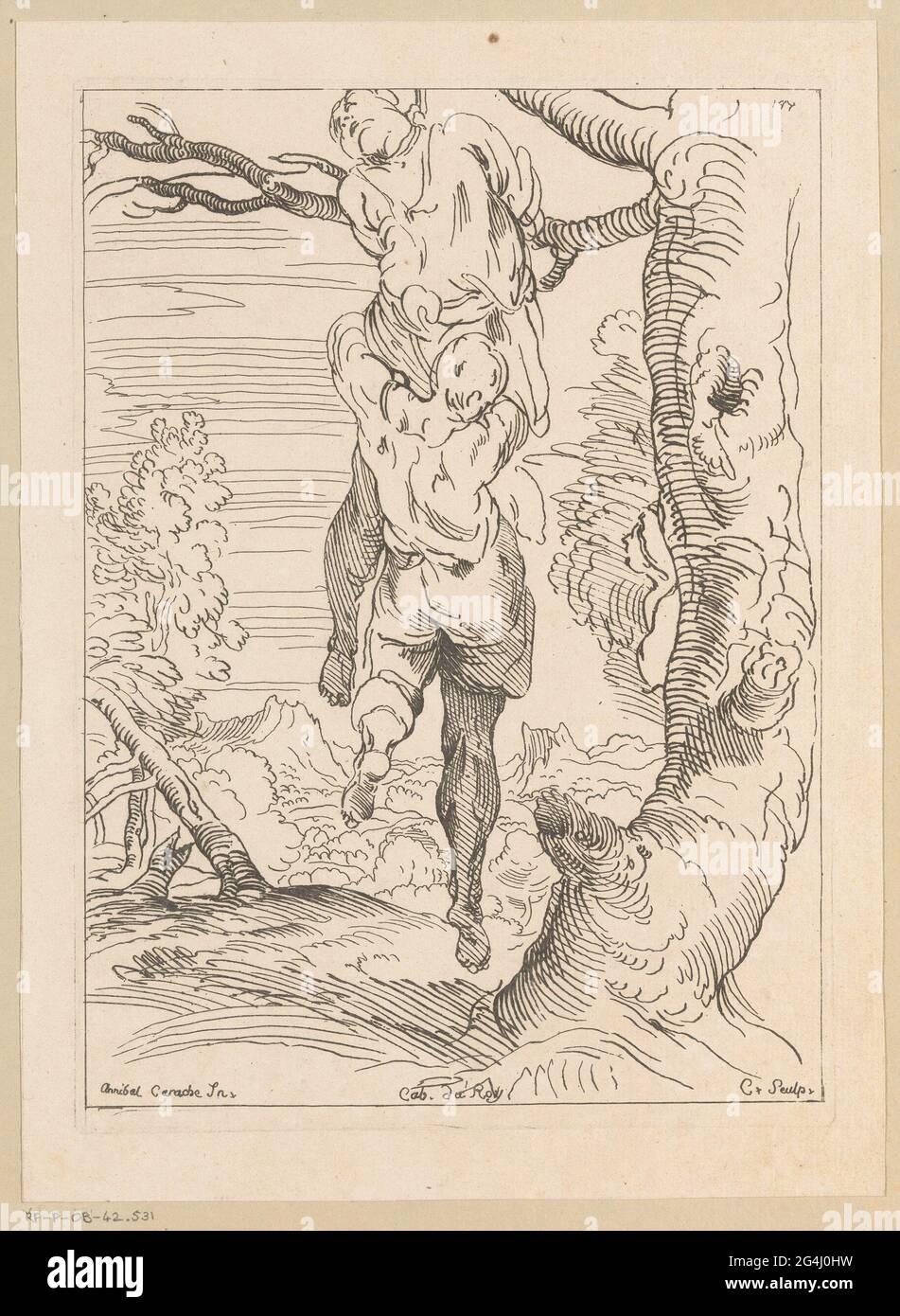 Man embraces a healed tree branch; Cabinet du Roy. Numbered at the top ...