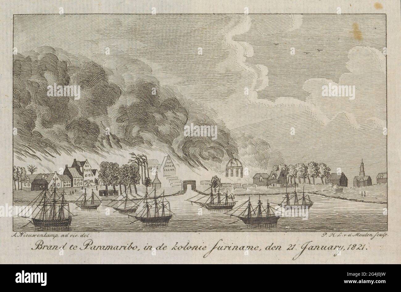 Fire in Paramaribo, 1821; Brand in Paramaribo, in the Suriname colony ...