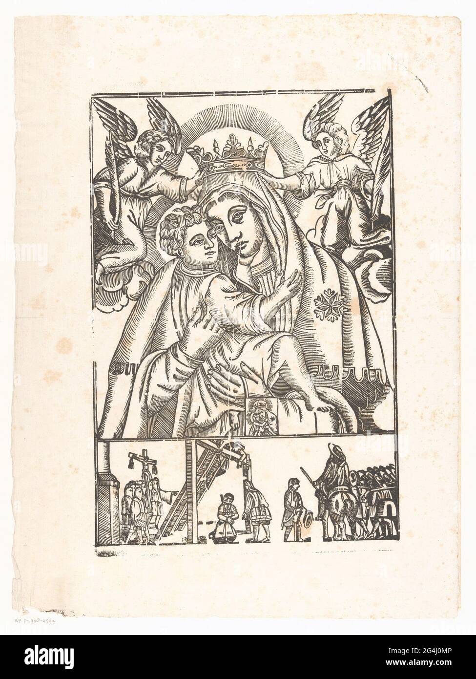 Maria crowned by two angels. Above Maria with the Christ child, crowned ...