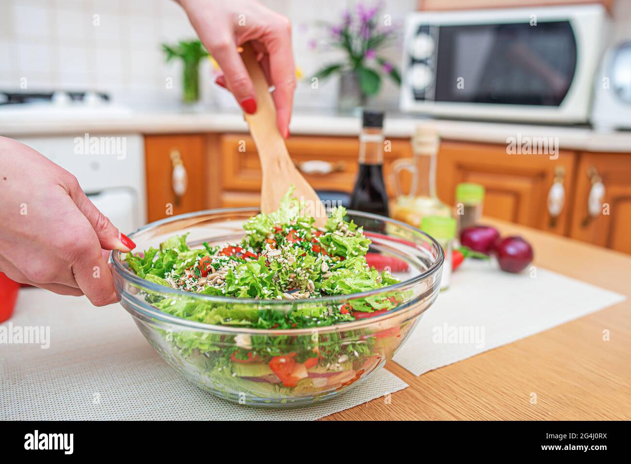 Healthy food products on the table in the kitchen Stock Photo - Alamy