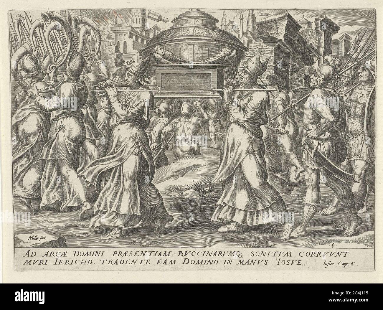 . Seven priests blink on their Ramshorens while walking out for the ark ...