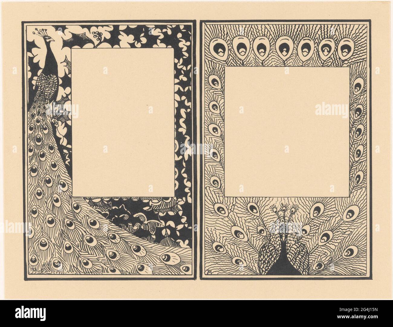Design for announcement and delivery card with peacocks. On the left a ...