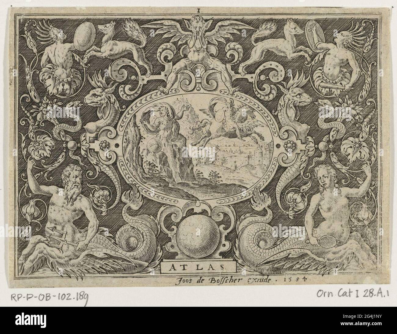. Cartouche with Perseus at Atlas changing in a mountain. The cartouche ...