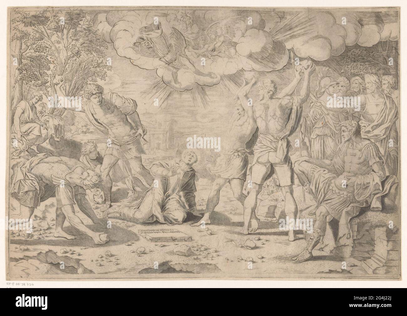 Stoning of the Holy Stefanus. Saint Stefanus in the middle, sitting on ...