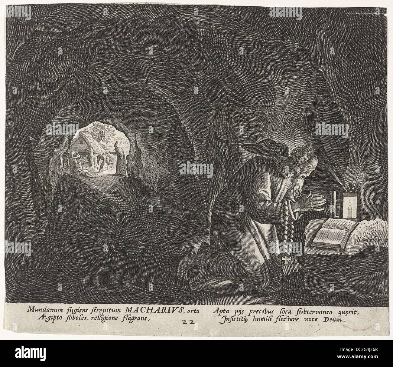 . The H. Macarius of Egypt as a hermit in a cave. He has been kneeling ...