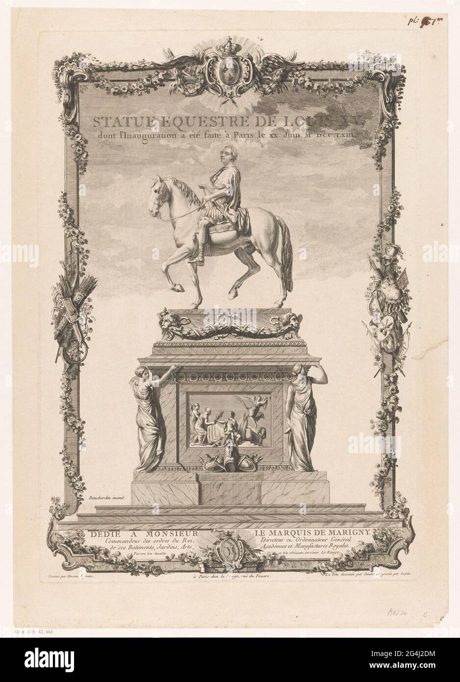 Equestrian statue of Louis XV on pedestal in decorative table Stock ...
