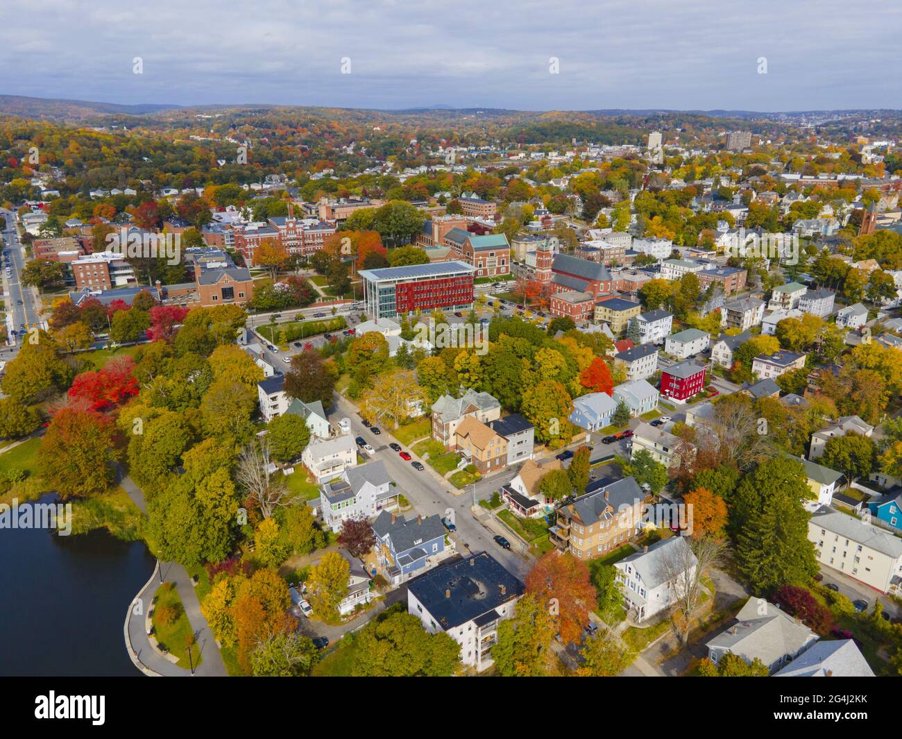 Clark University and University Park aerial view with fall foliage in ...