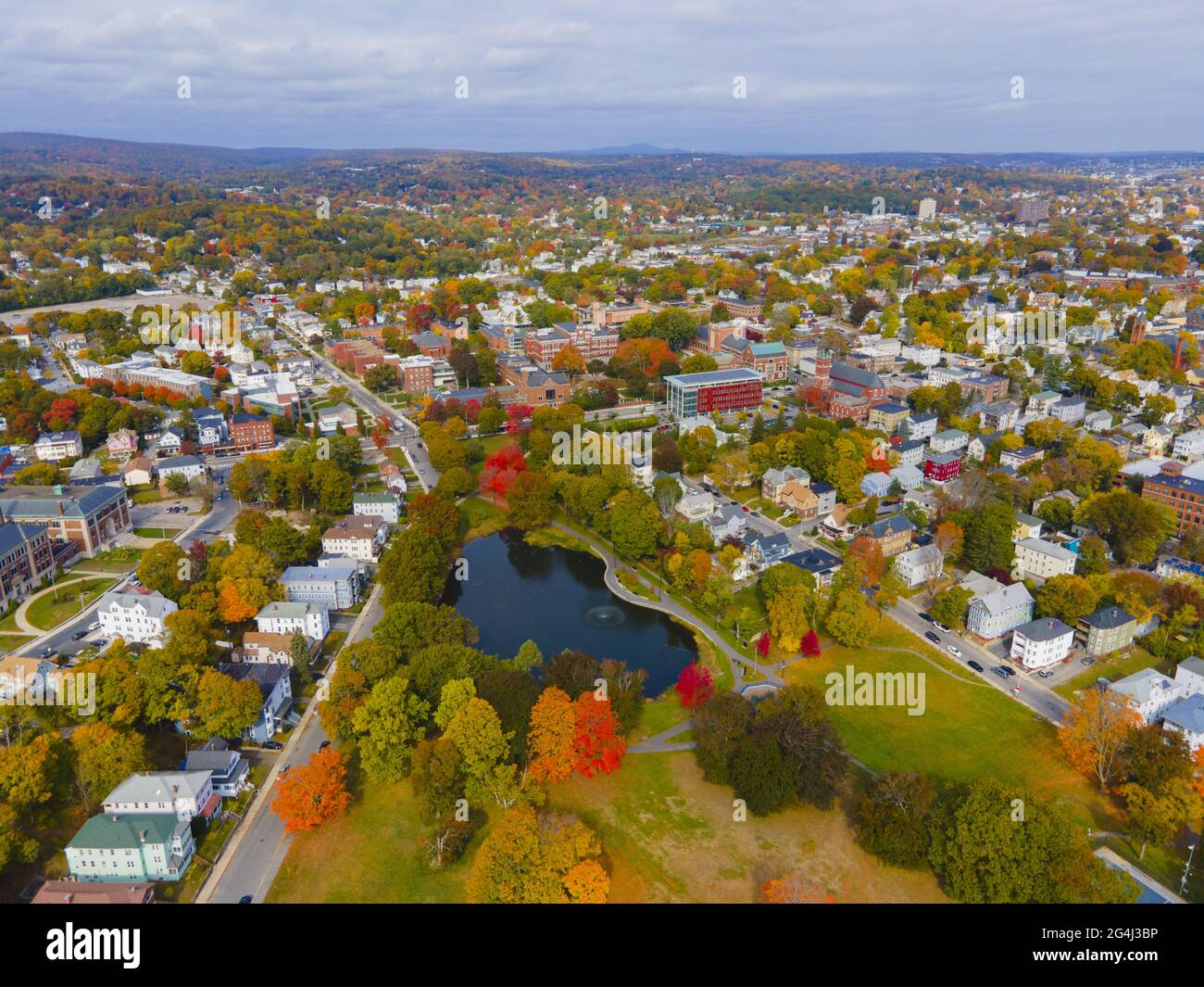 Aerial view of University Park and Crystal Pond near Clark University ...