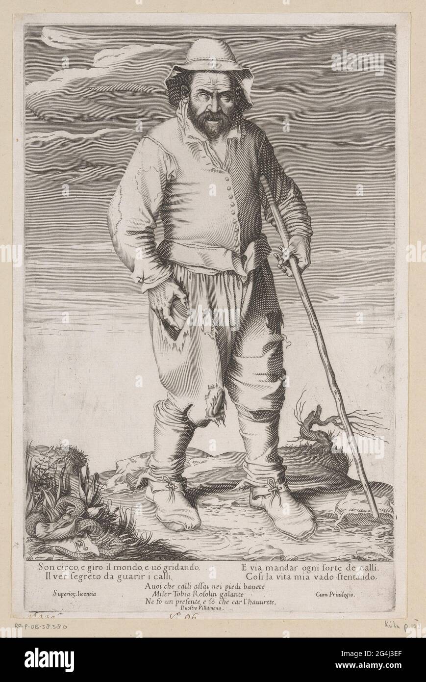 Blind; Street groups of Rome. A standing blind man dressed in rags. In ...
