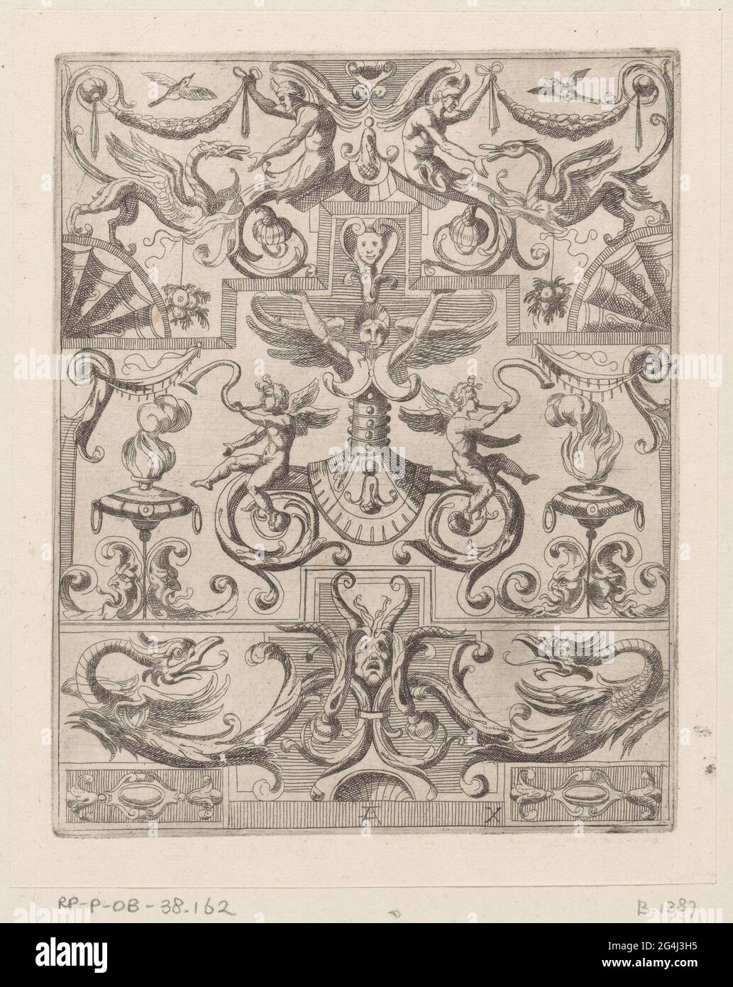 Grotesque ornament with two horn blowing angels in the middle ...