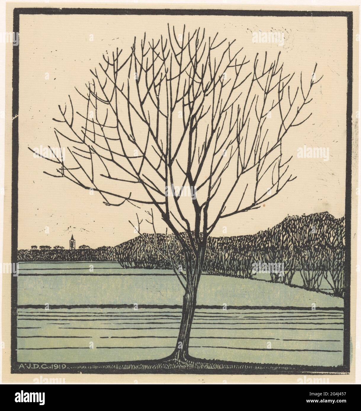Bald tree. In the background a landscape with fields, shrubs and a ...