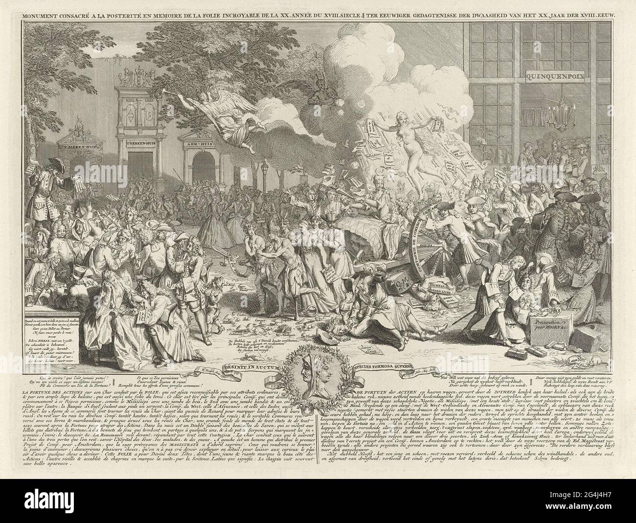 . Monument in memory of the folly of the year 1720. On a large car laid ...