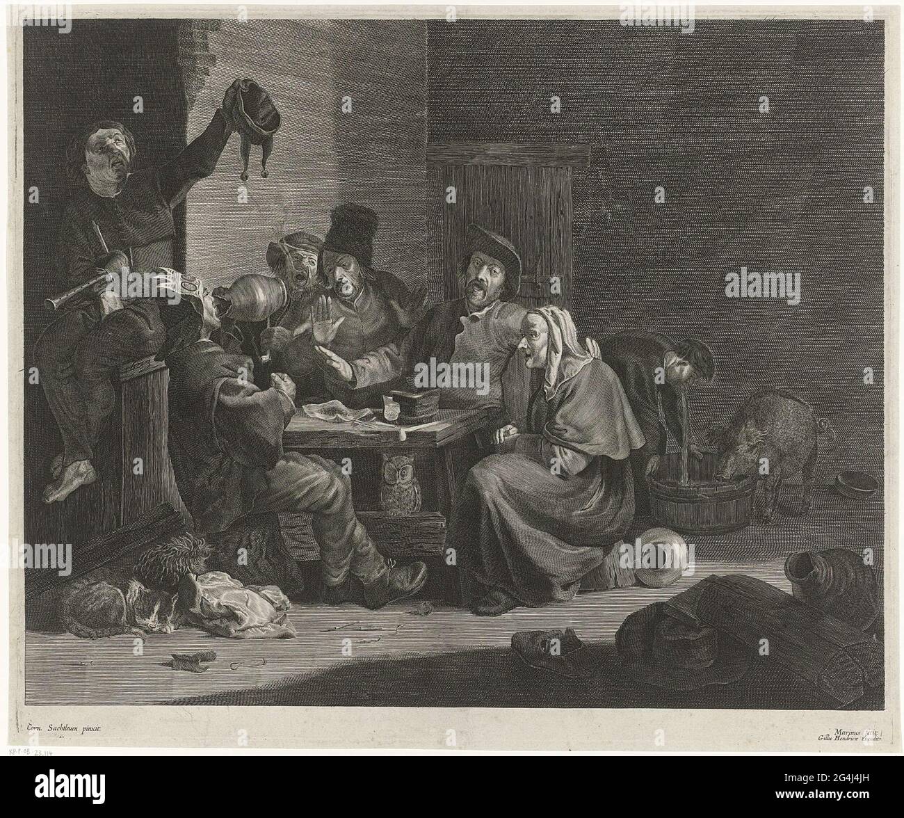 . A drinking company in an interior, a man with a jug of his mouth has ...