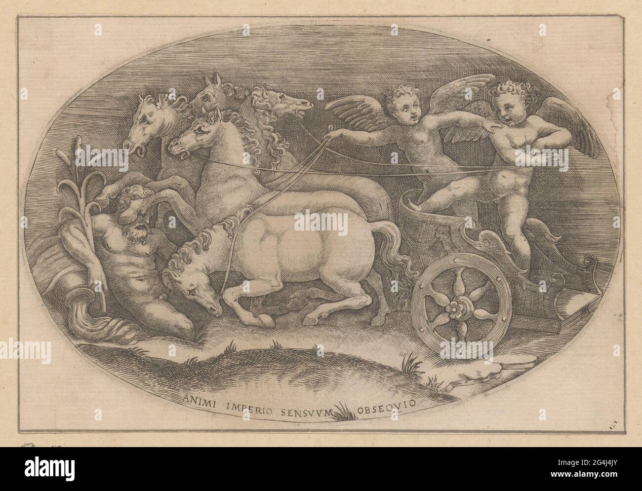 Two putti in a chariot. Two putti are in a chariot. The car is drawn by ...