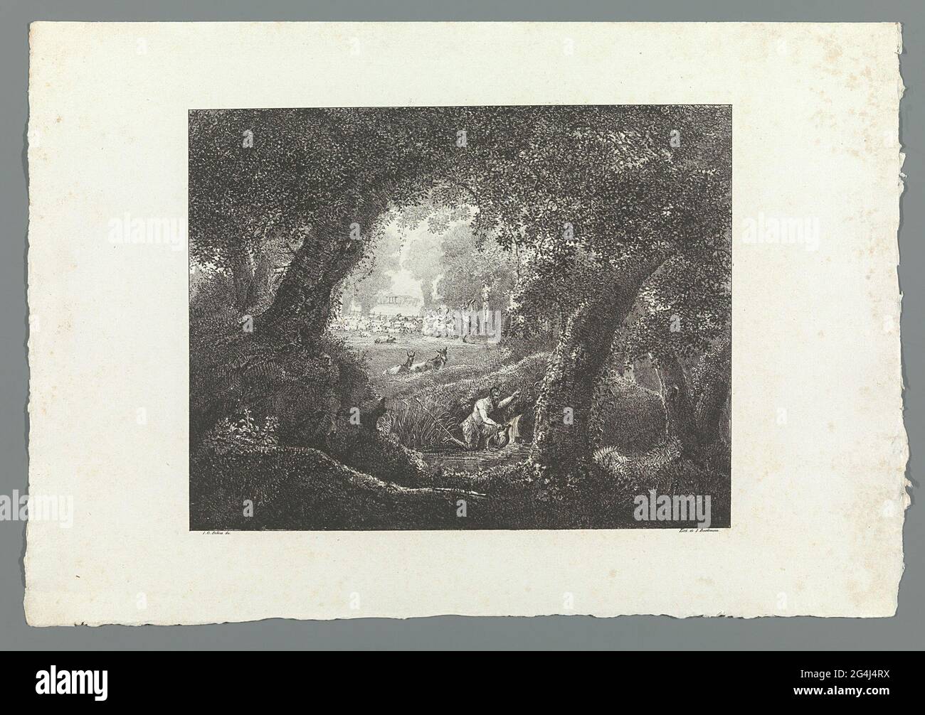 A faun with jar at the river. Chalk lithograph from the 'Lithographic ...