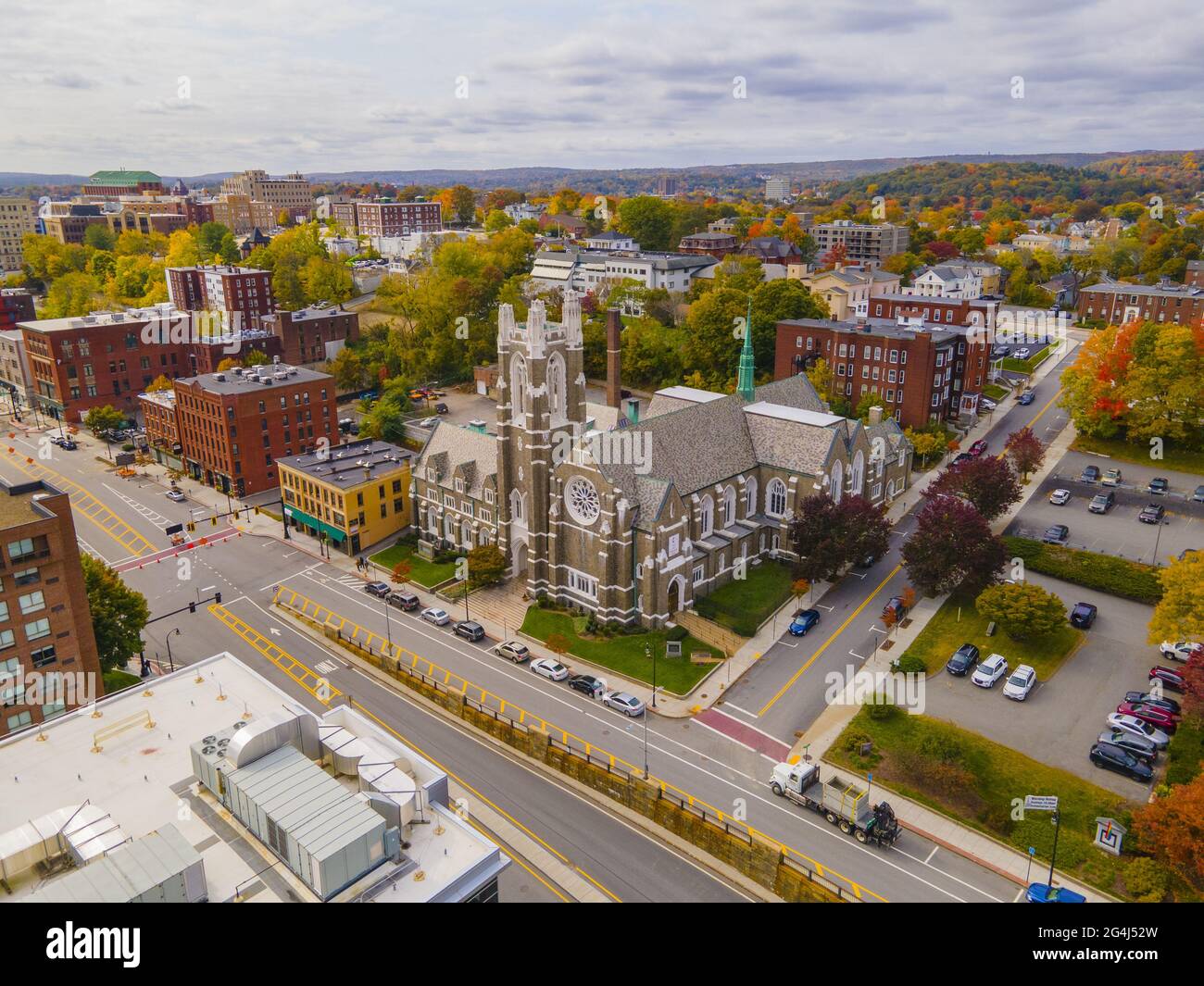 Wesley United Methodist Church aerial view at 114 Main Street in fall ...