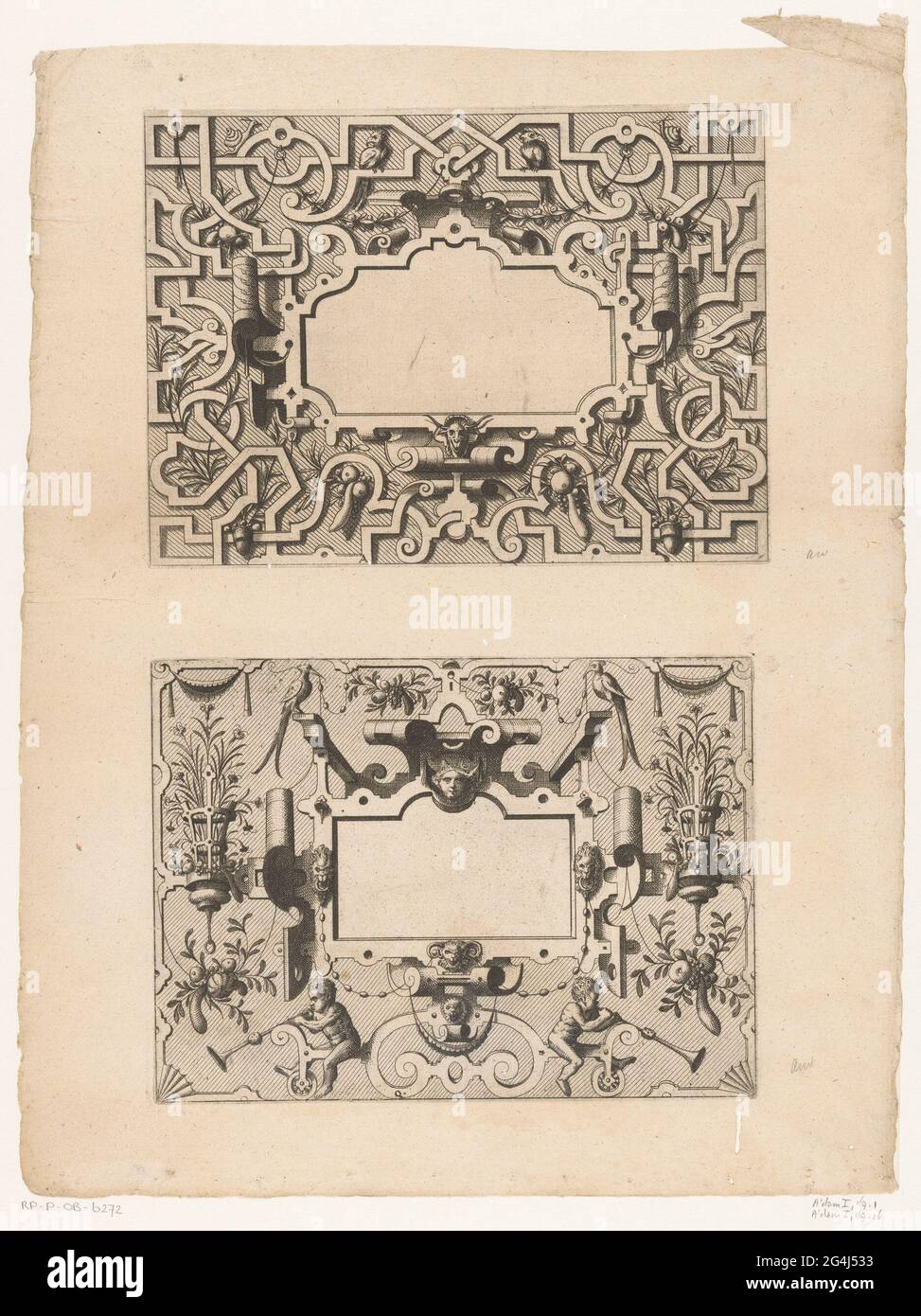 Cartouches with birds and putti; Cartouches in a frame of roller and ...