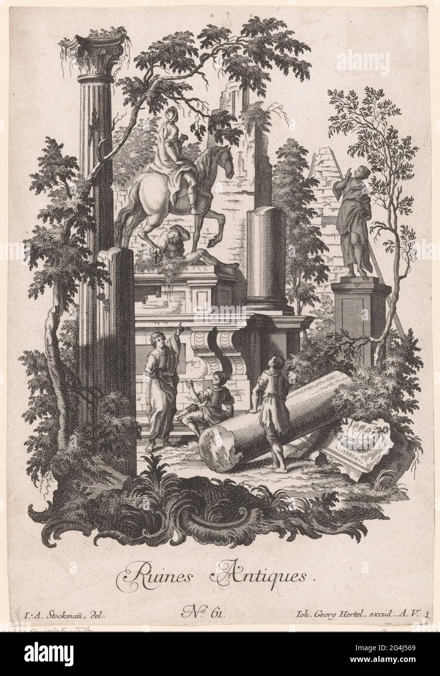 Ruin landscape with columns and statues; Ruins Antiques. Three figures ...