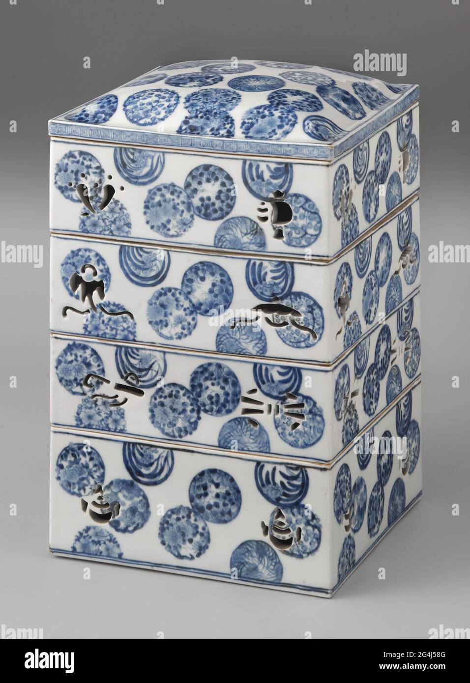 . Second box of square stack box (Jubako) with lid of porcelain ...