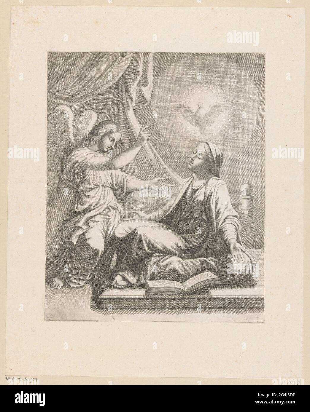 Annunciation. Maria is sitting on a pillow with opened arms. The angel ...