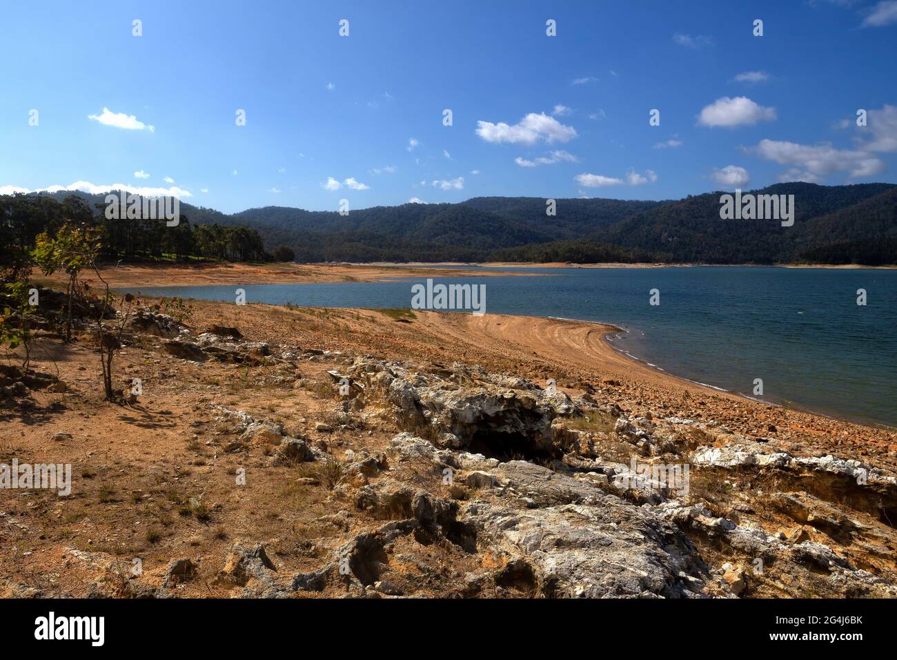 Low water during drought at Lake Tinaroo on the Atherton Tablelands in ...