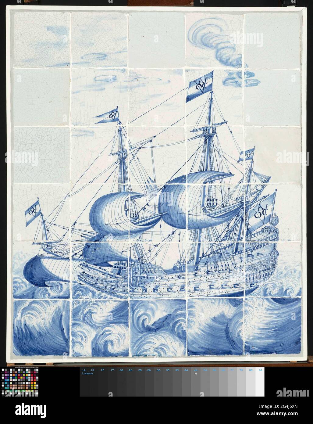 . Tile tile of 30 tiles (6 x 5) with a blue-painted ship with the flags ...