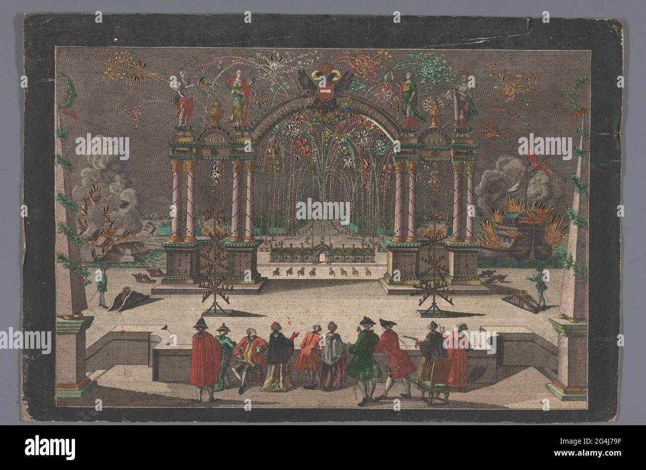 View of fireworks and a triumphal arch with a two-headed eagle and the ...