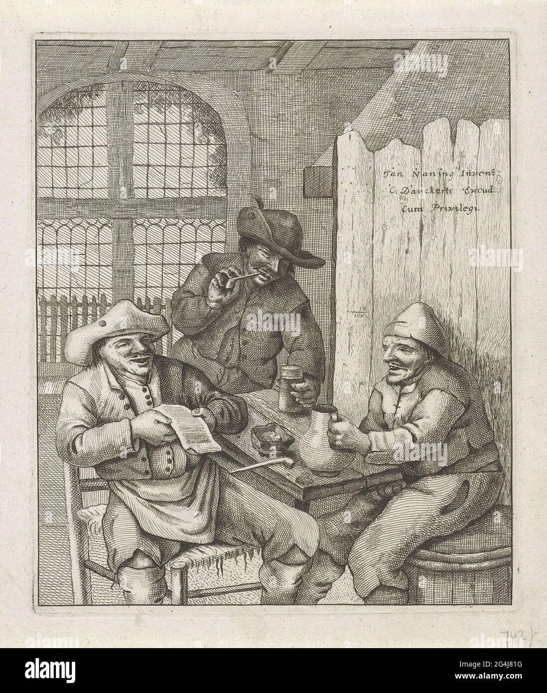 . Three farmers around a table. The farmer left is widespread and holds ...