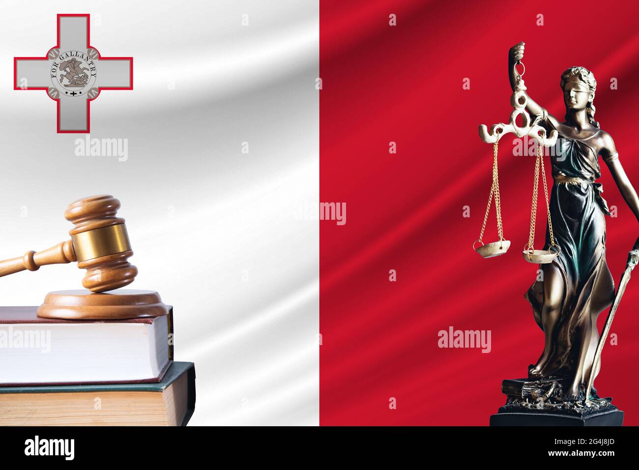 Law and justice in Malta. Statue of themis and the gavel of the judge ...