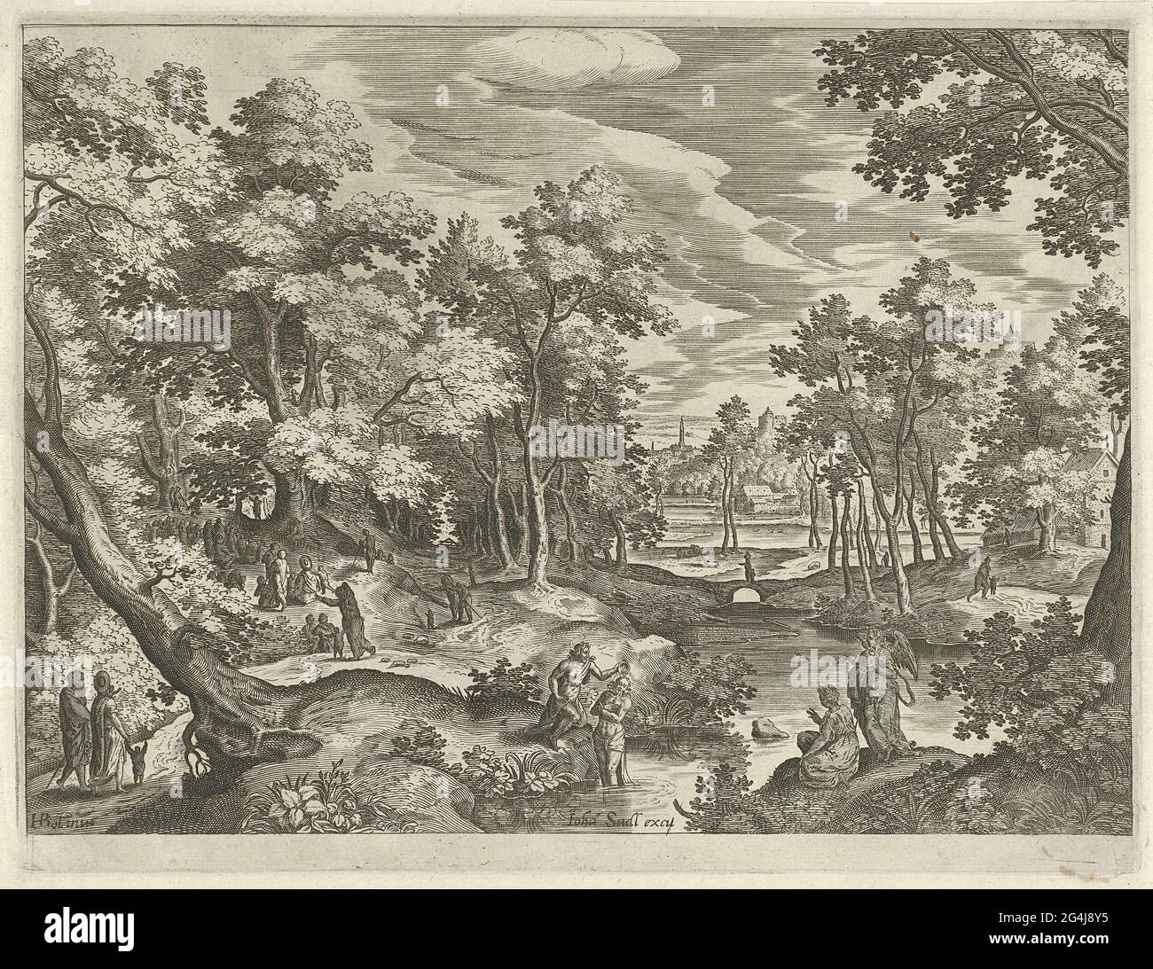 . Wooded landscape with a river. In the middle, Christ is baptized by ...
