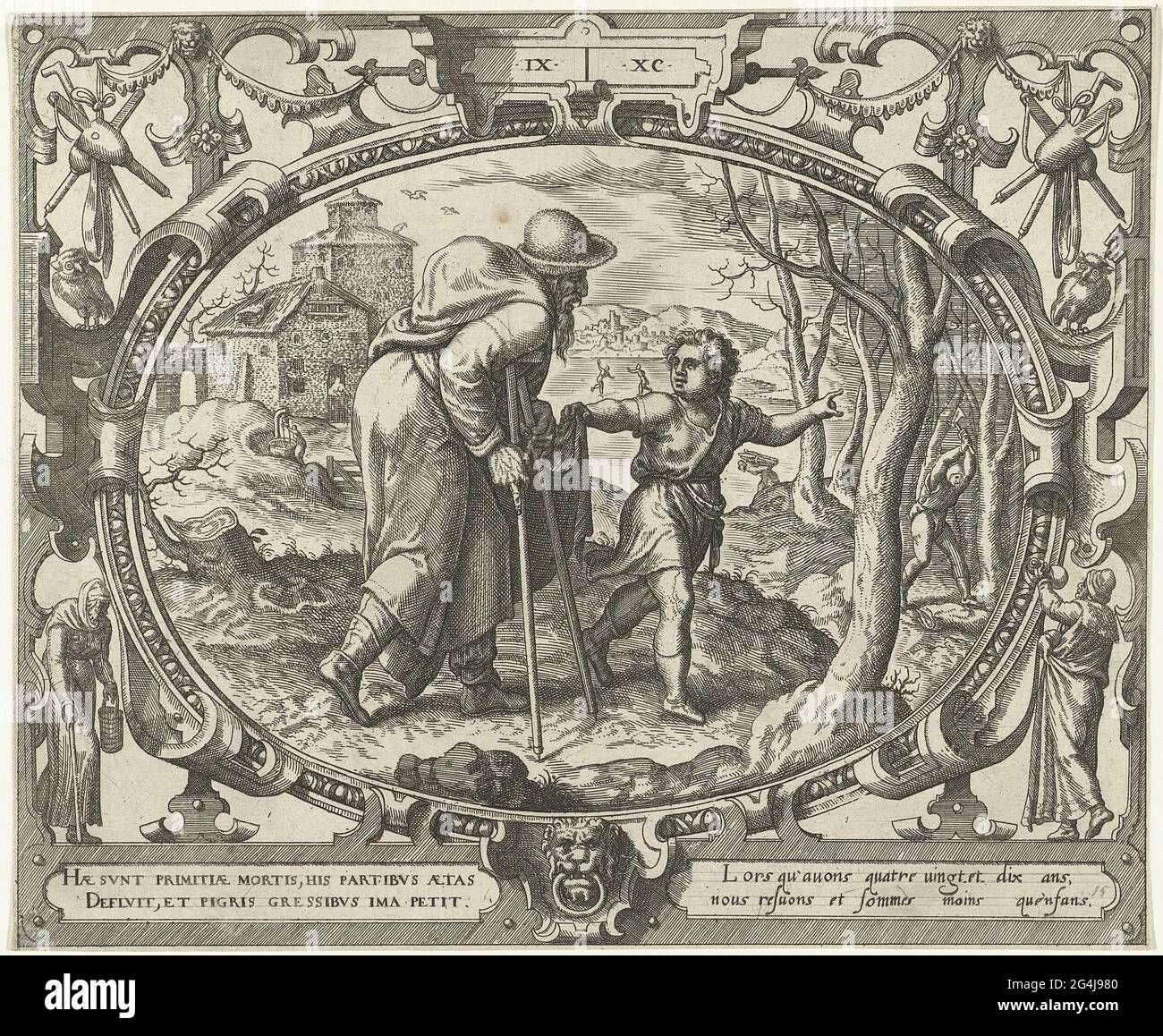 . In an oval frame decorated with ornaments a representation of an old ...