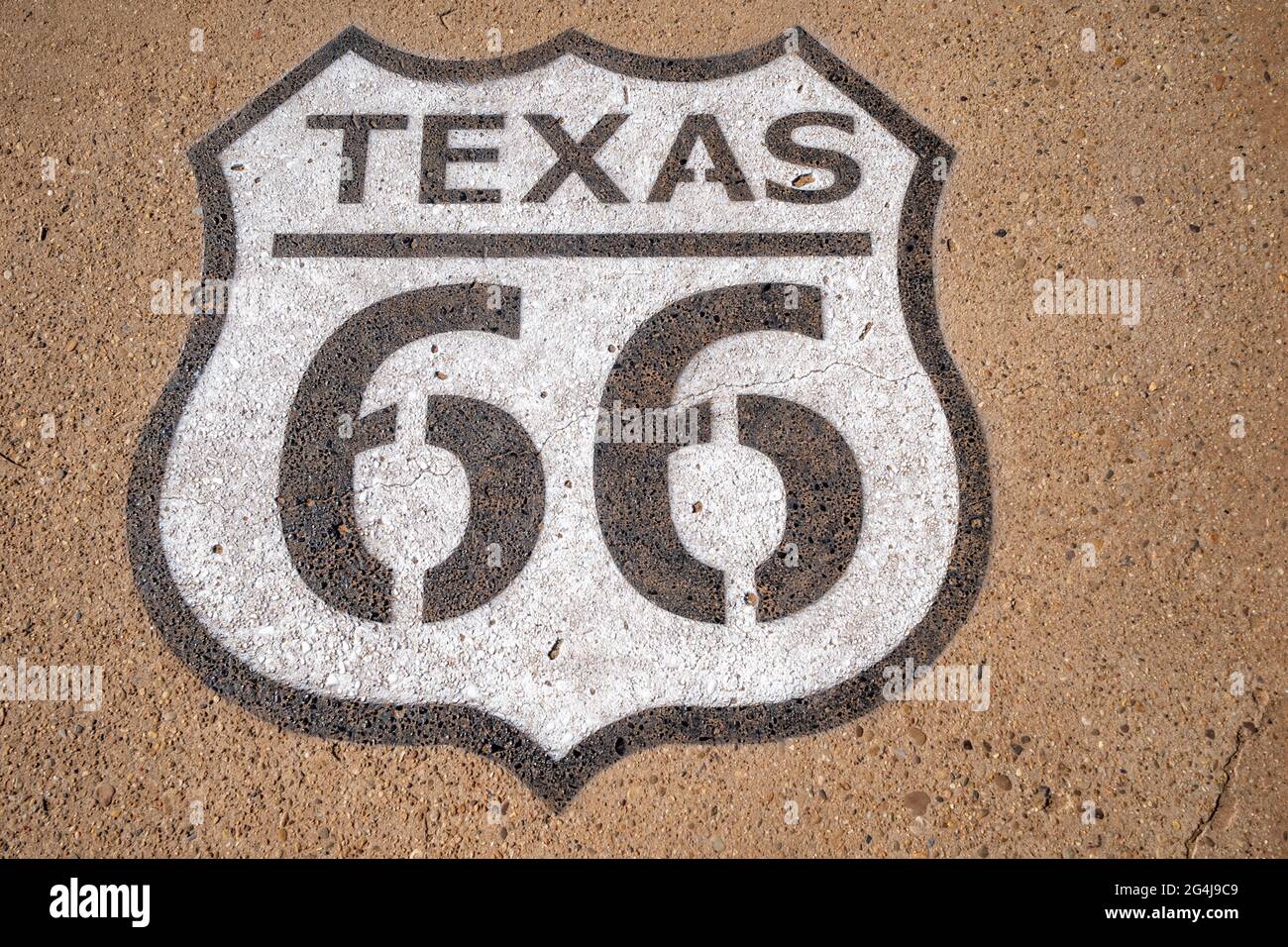 Generic Texas Route 66 sign on pavement on the historic mother road in ...