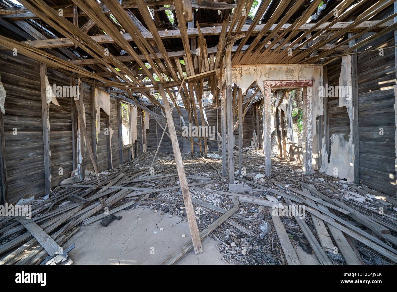 Interior of the completely damaged and abandoned former Glenrio Texas ...