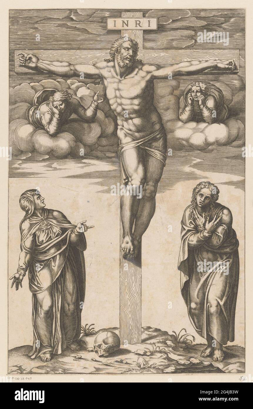 Crucifixion of Christ. Landscape with Christ on the cross flanked by ...
