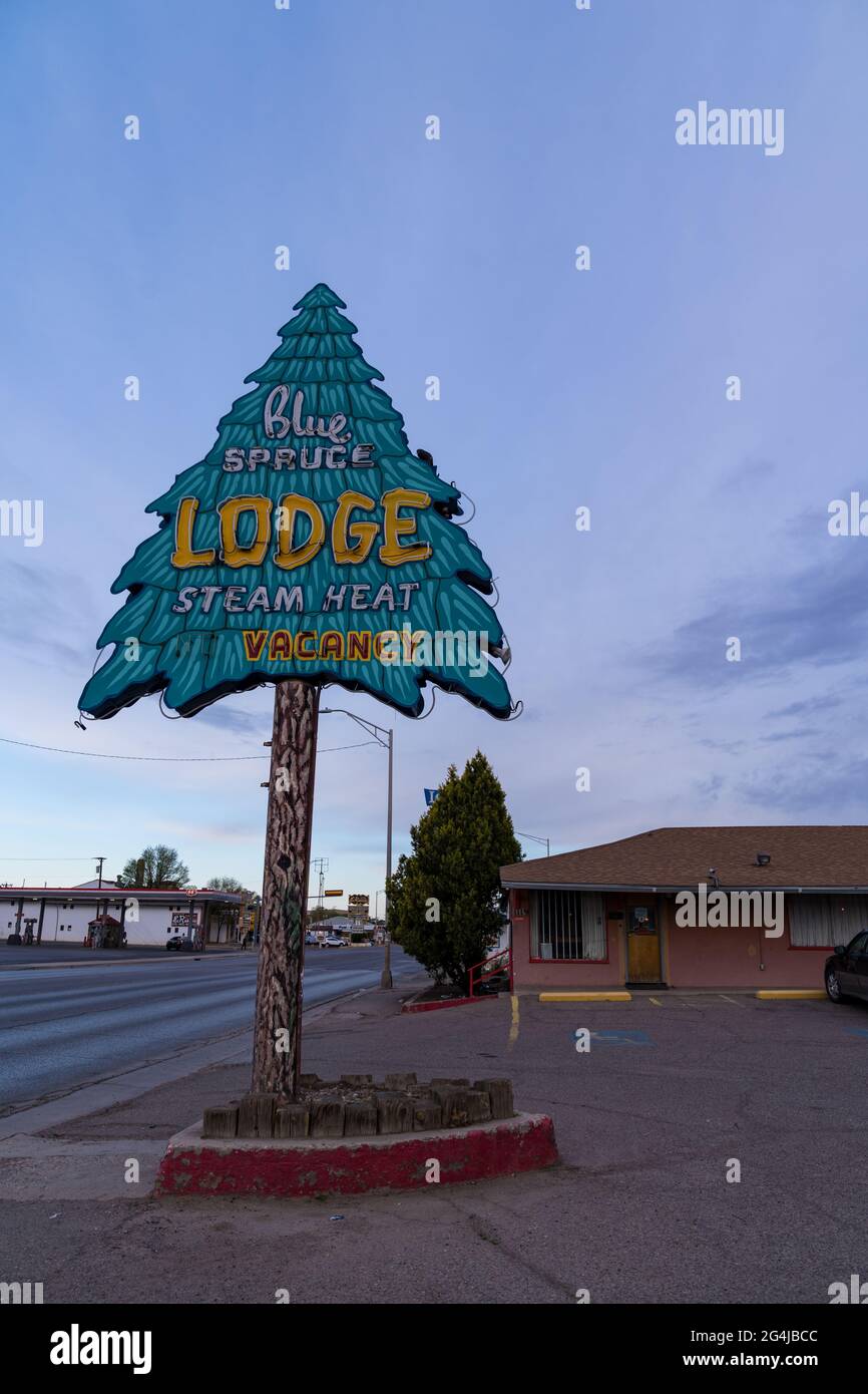 Gallup, New Mexico - May 18, 2021: Sign for the Blue Spruce Lodge, a ...