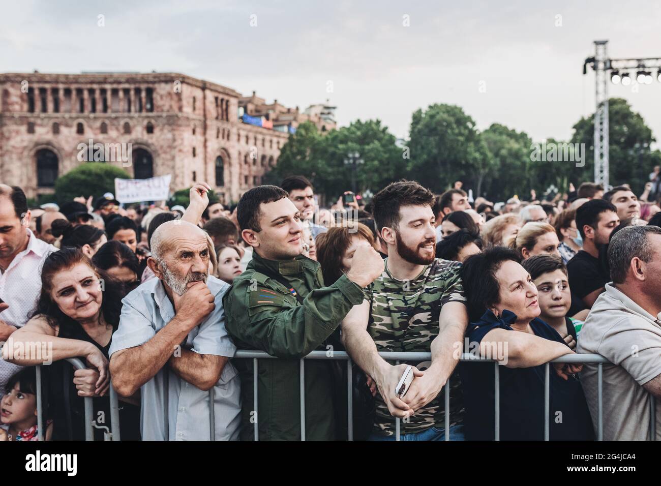 Supporters of Nikol Pashinyan listen as their leader gives his victory ...