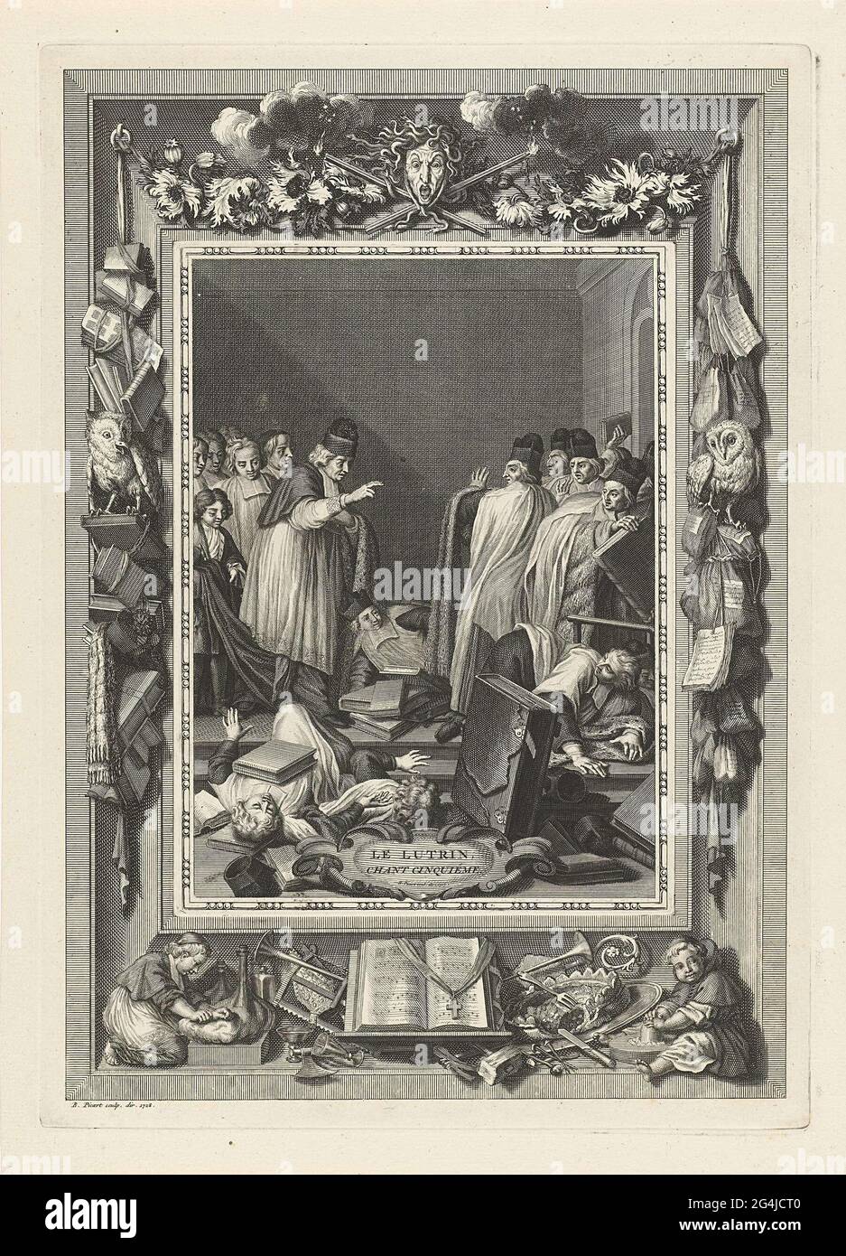 . Four priests fallen to the ground and are surrounded by books. Two ...