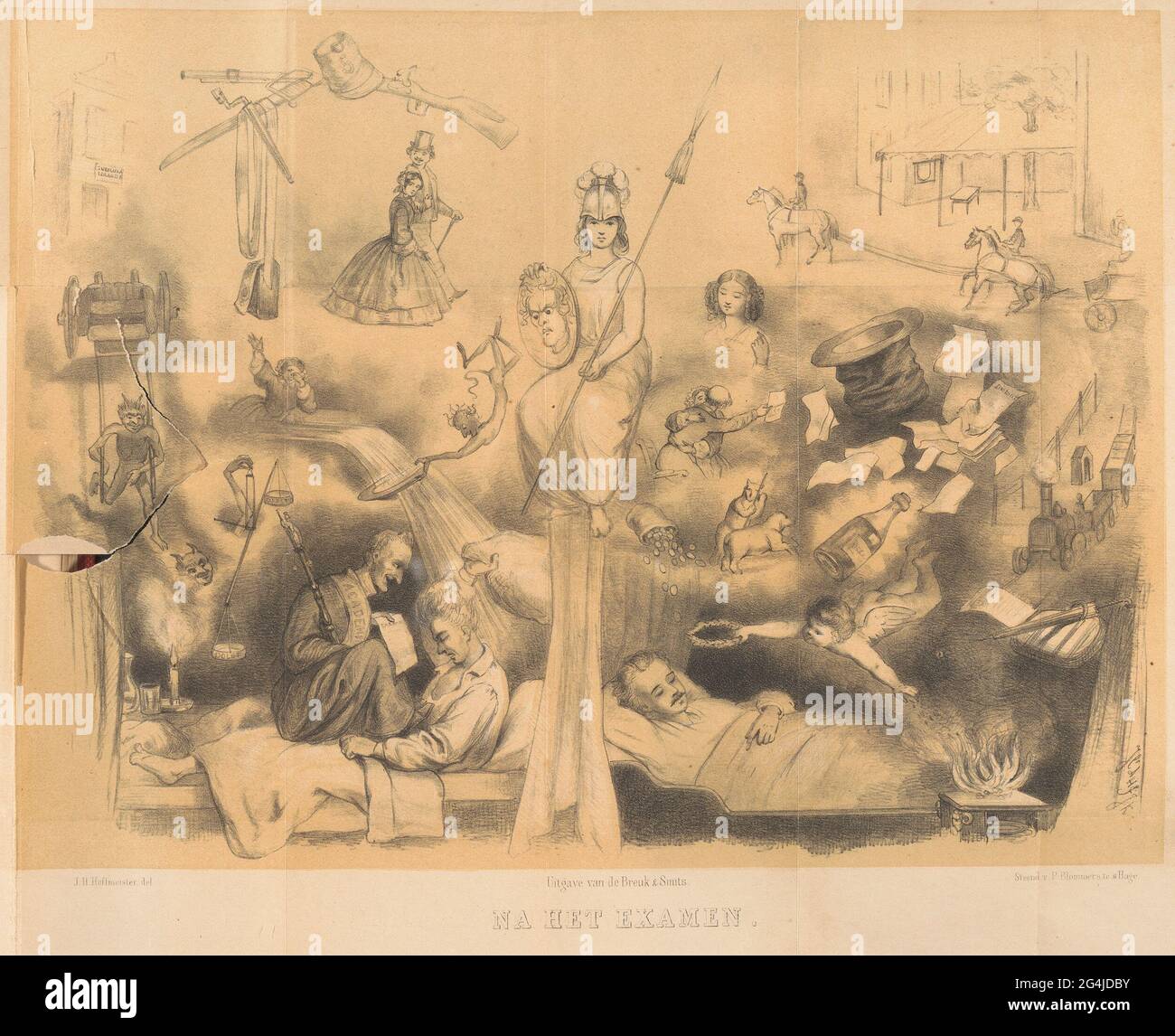 Cartoon in Leiden student almanak, 1861; After the exam. Student ...