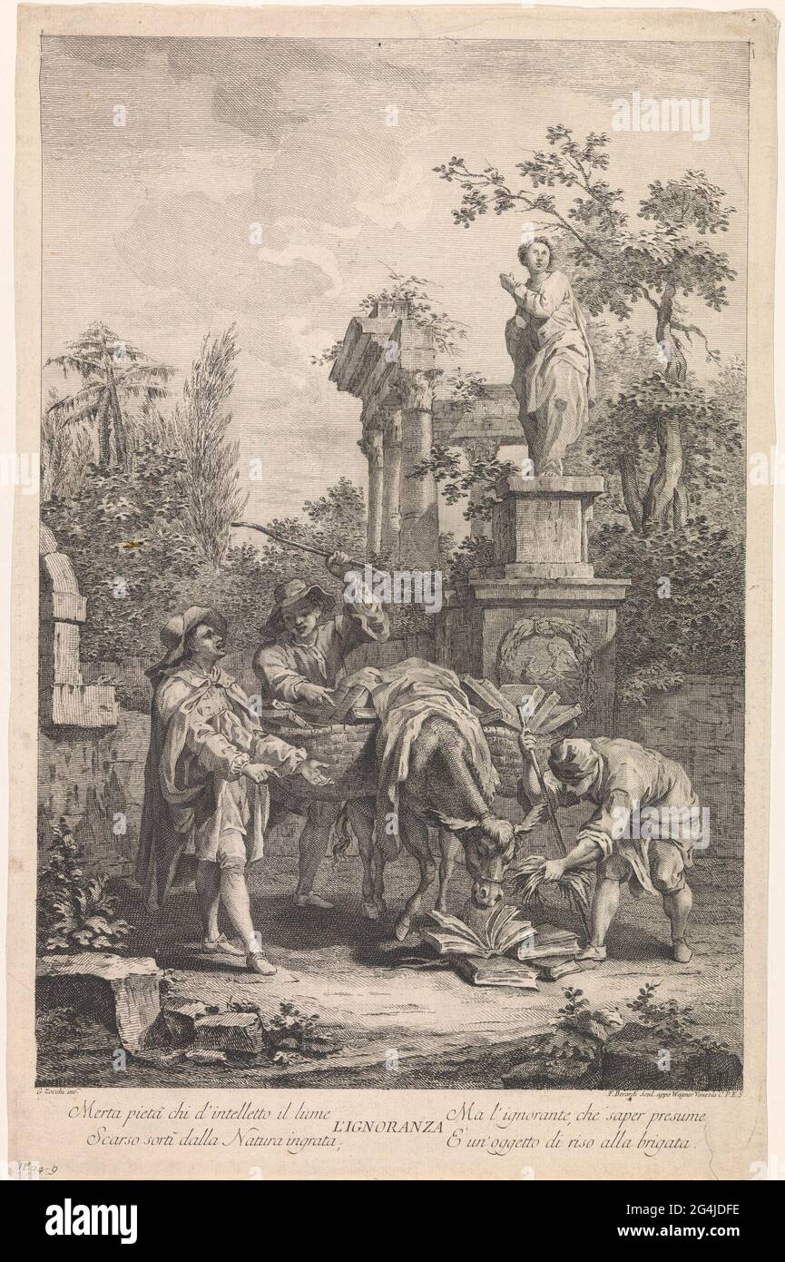 Ignorance; L'Ignoranza. Three men and a donkey with baskets with books ...