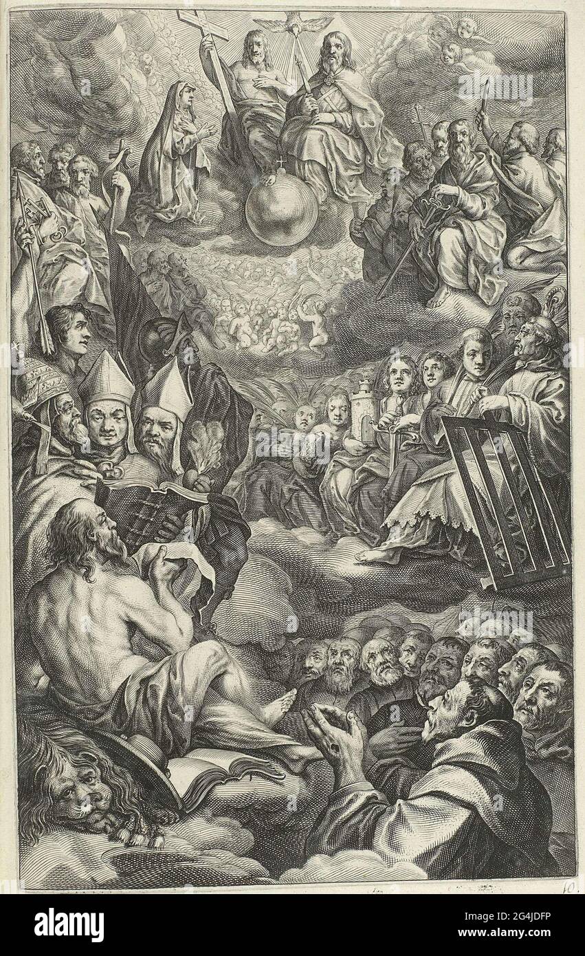 . The Holy Trinity and Mary surrounded by saints and angels. The print ...
