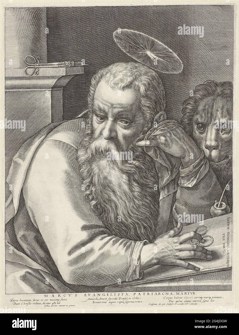 . Bust of the Evangelist Marcus writing his gospel. Behind him are the ...