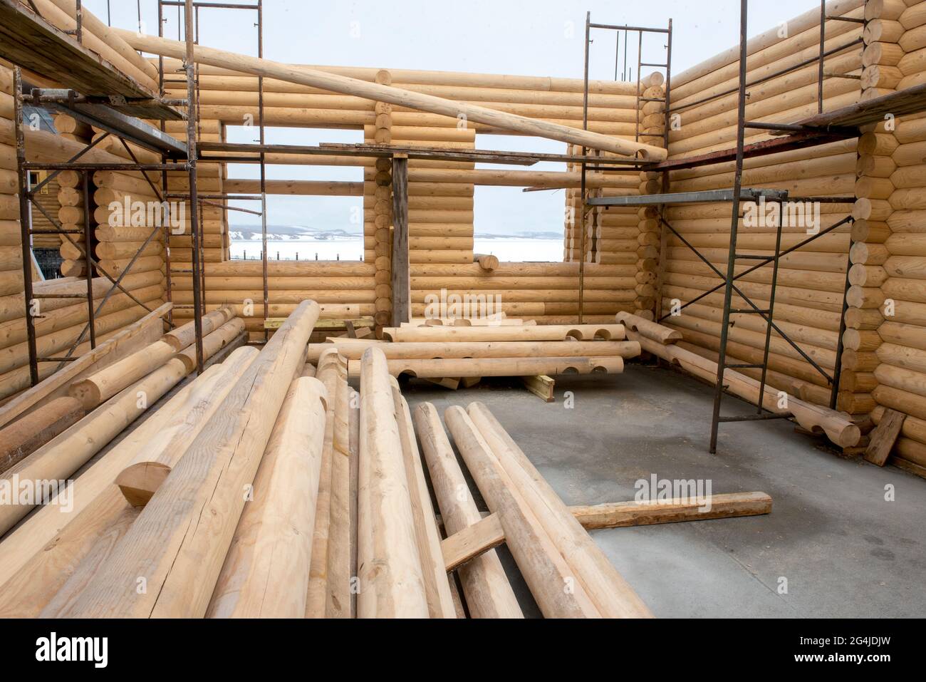 Construction of wooden house, interior Stock Photo - Alamy