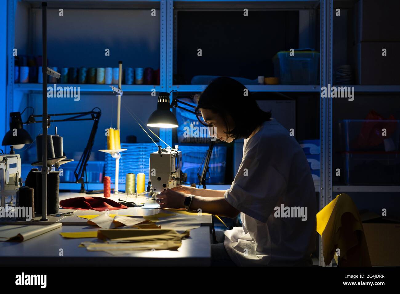 Woman seamstress work on sewing machine, sew clothes, create new collection. Small business ...