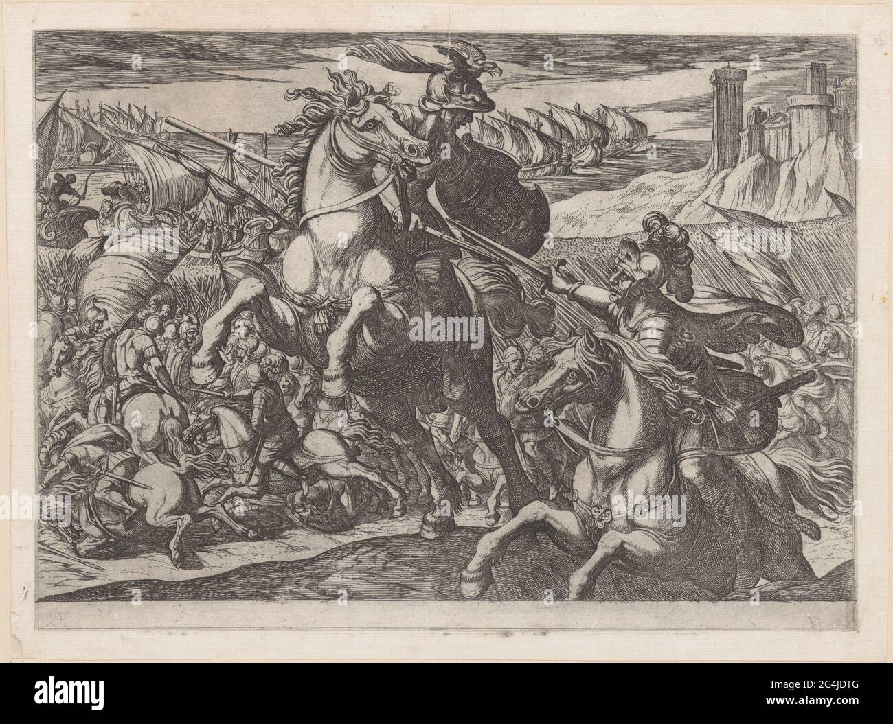 Cavalry battle with two fighters in the foreground; Combat scenes ...