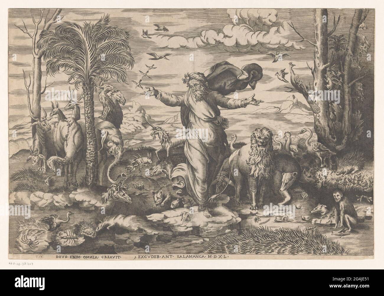 God creates the animals on the land. God, an old man with beard, stands ...