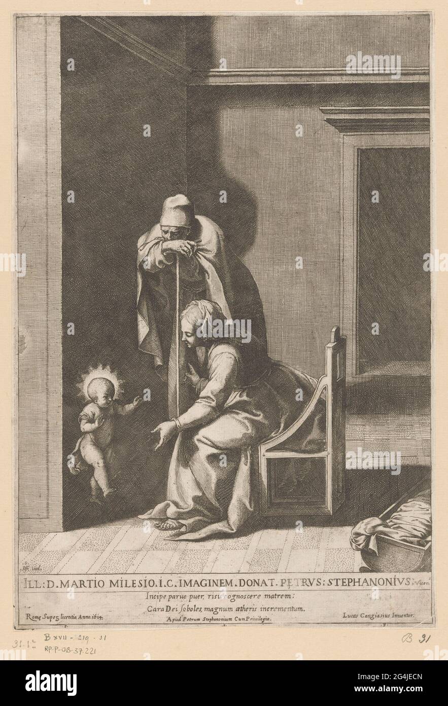 Maria learns to walk the Christ child. In an interior, Mary is on a ...