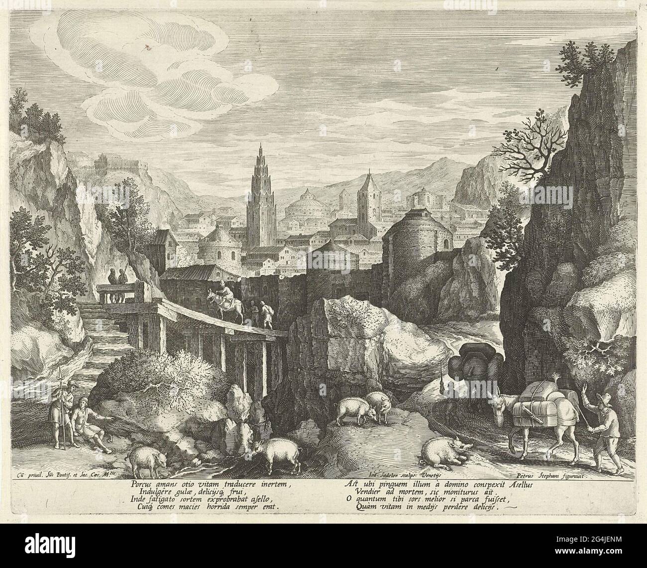 . Rocky landscape with a city in the background. On the left a ...