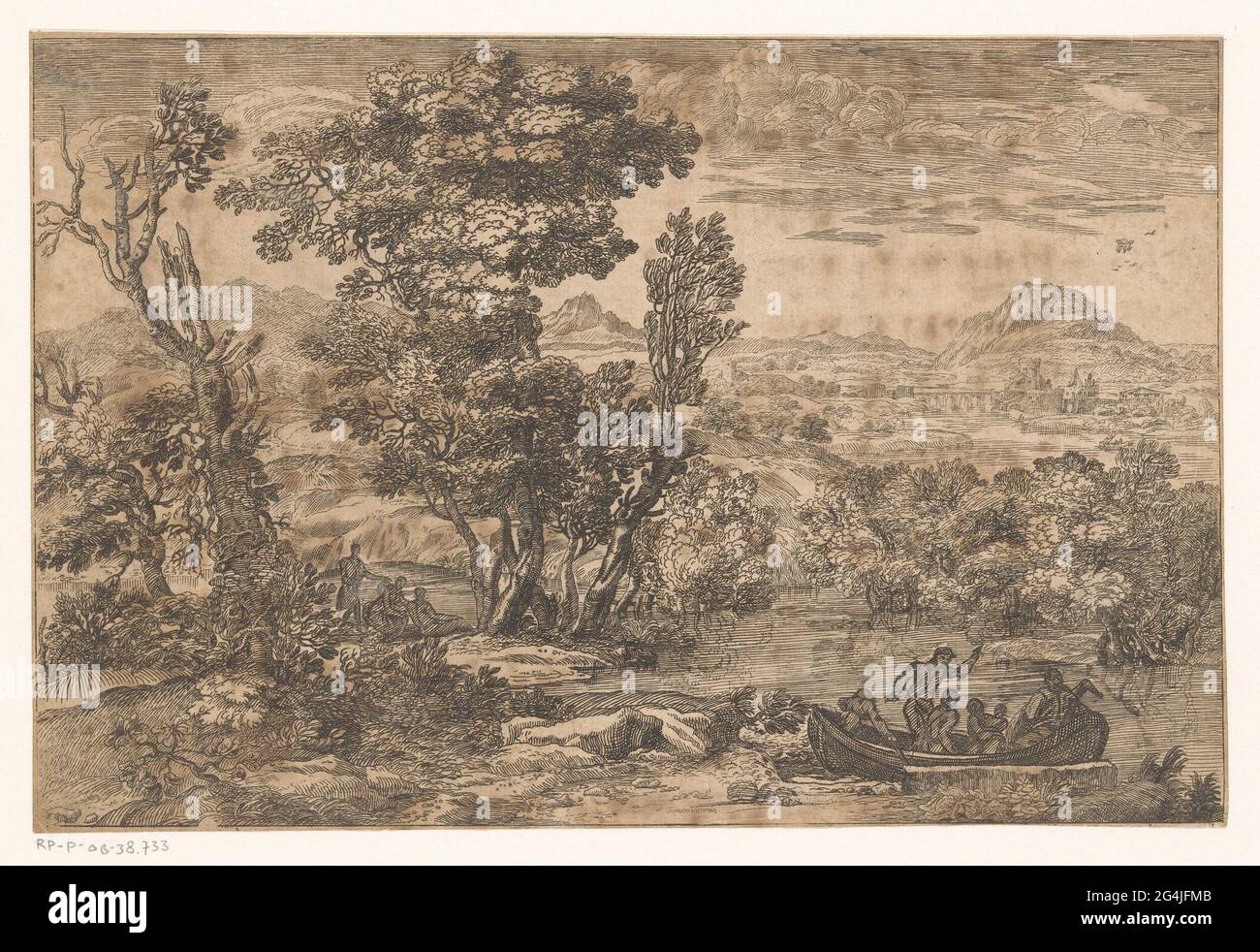 Landscape with a boat on a river Stock Photo - Alamy