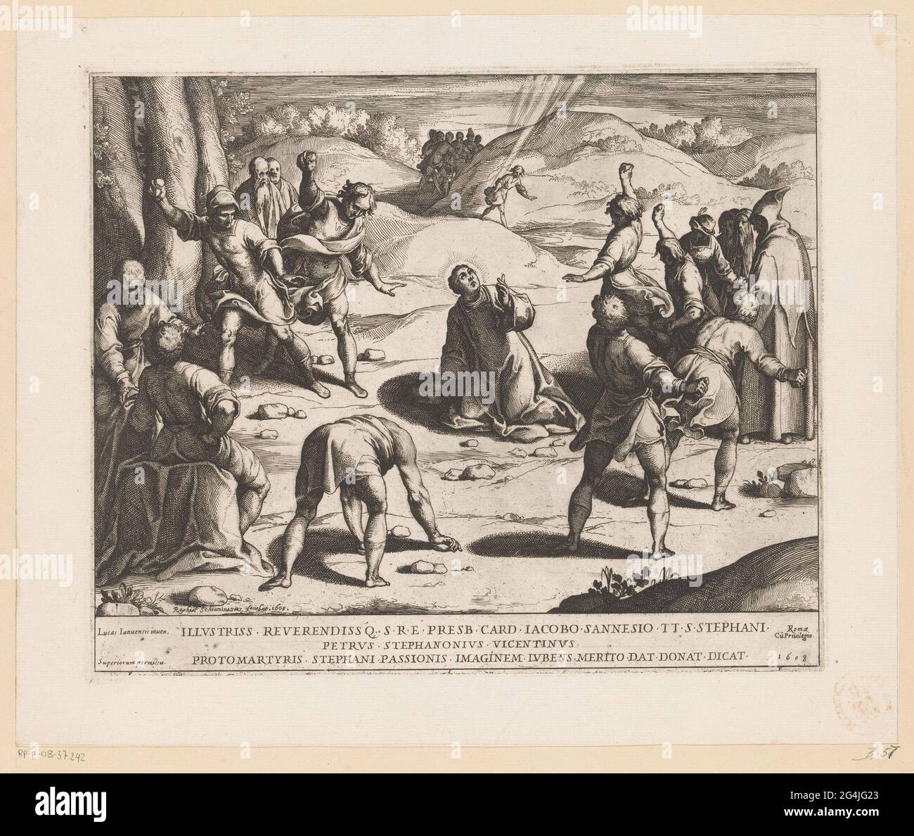 Stoning of the Holy Stefanus. Saint Stefanus in the middle, sitting on ...