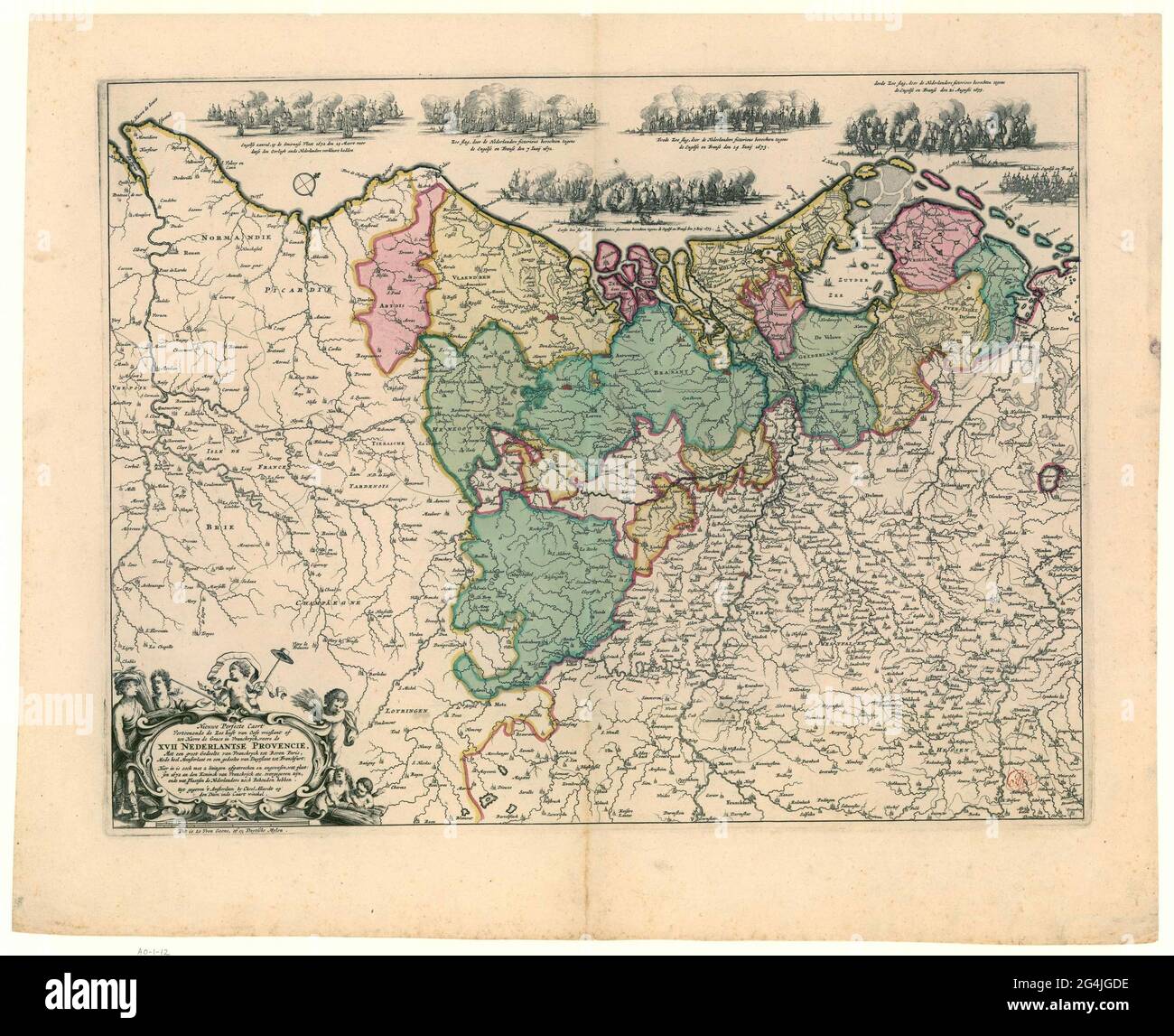 . Colored map of the Netherlands and parts of the surrounding countries ...